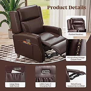 Brown Recliner Chair, Genuine Leather Recliner with Retro Rivet Design, High-Density Sponge, Power Recliner Chair for Living Room, Bedroom, Office, Home Theater