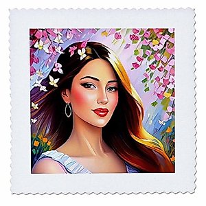 3dRose Good-Looking Young Woman in The Garden, Pink Sakura Flowers... - Quilt Squares (qs-379133-5)
