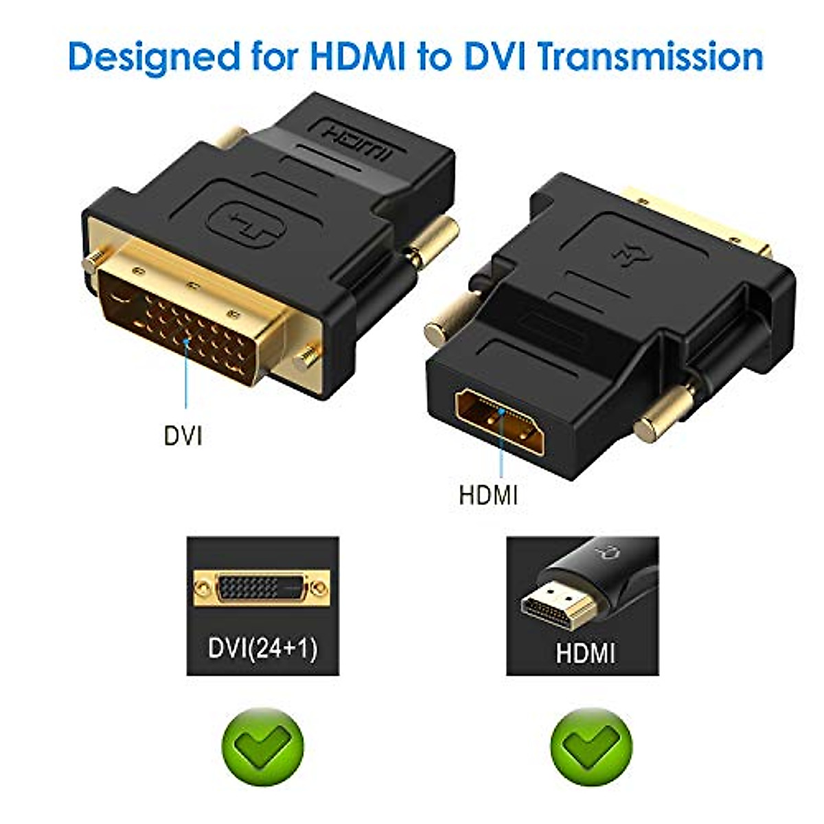 Rankie DVI to HDMI Adapter, 2-Pack Gold-Plated 1080P Male to Female Converter (Black)