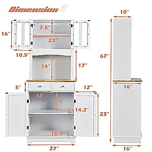 LOKO Kitchen Pantry Storage Cabinet, Kitchen Cabinet with Framed Tempered Glass Doors, Flat Countertop and 2 Drawers, Kitchen Hutch Storage Cabinet with Adjustable Shelves, 27 x 16 x 67 inches (White)