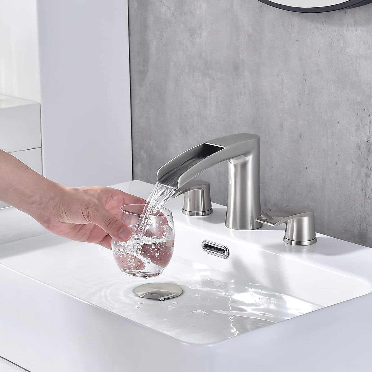 RULIA Bathroom Faucet, 2 Handles Bathroom Sink Faucet, 3 Holes Waterfall Faucet, Bathroom Vanity Faucet with Pop Up Drain, Brushed PVD, RB1061