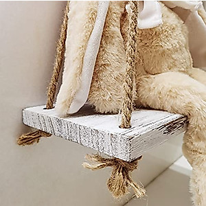 HoreZer Wood-Rope Hanging Floating Shelves Wall Decor Set of 2, Rustic White Wall Shelf with 4 Hooks and 4 Ropes,Wall Hanging Rope Shelves for Garden Kitchen Bathroom Living Room