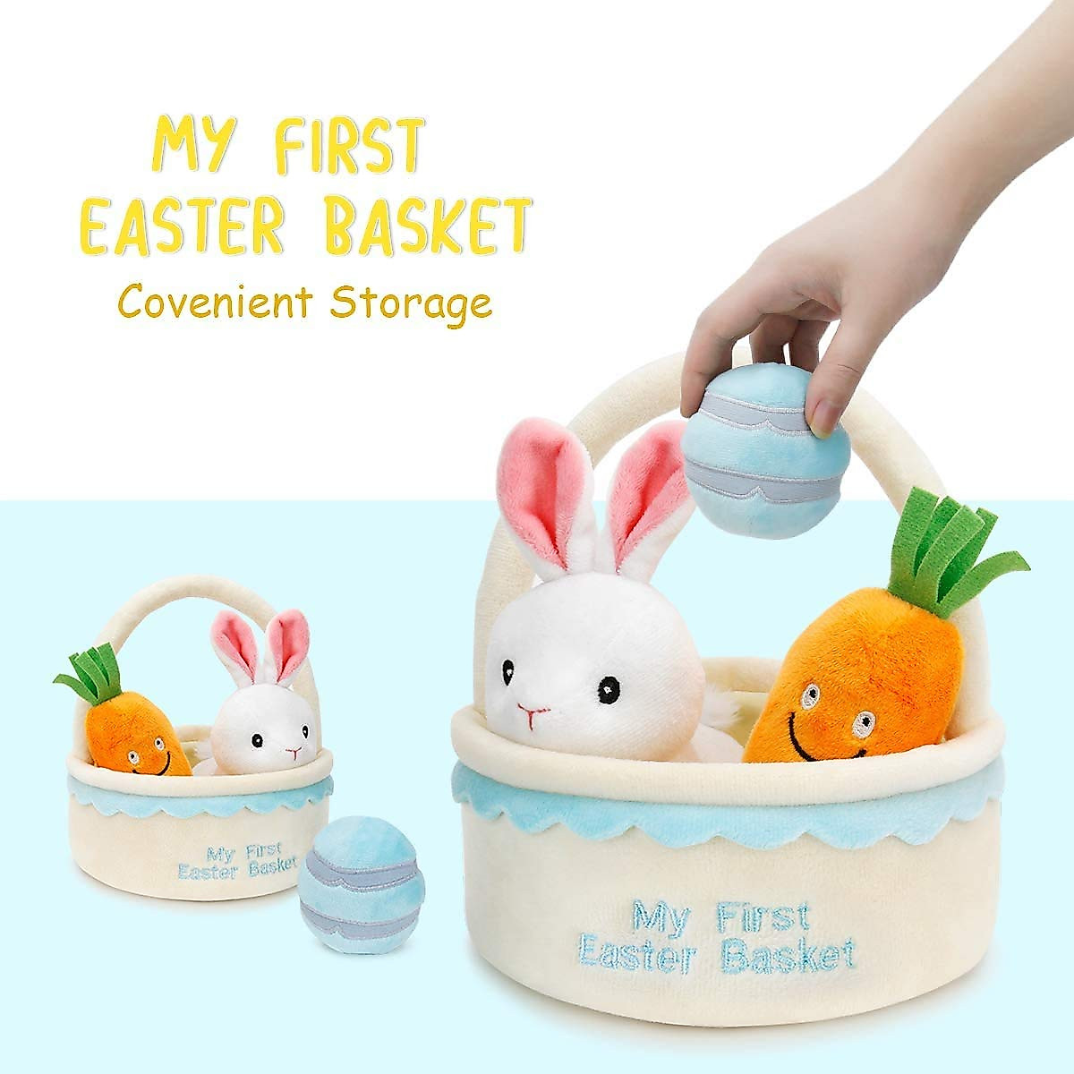 Baby's My First Easter Basket Playset Stuffed Plush Cartoon Bunny Toys Plush for Kids Boys Girls, 4 Pieces