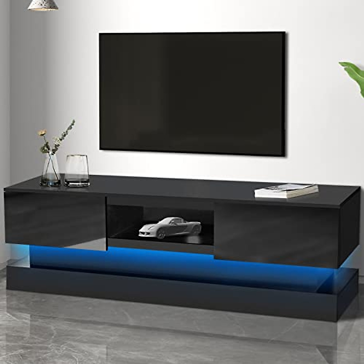 YISUYA Modern Tv Stand, Black Morden TV Stand with LED Lights, High Glossy Front Tv Cabinet, for TV up to 63 Inch, Floor Tv Wall Cabinet, Modern TV Stand, for Living Room or Bedroom
