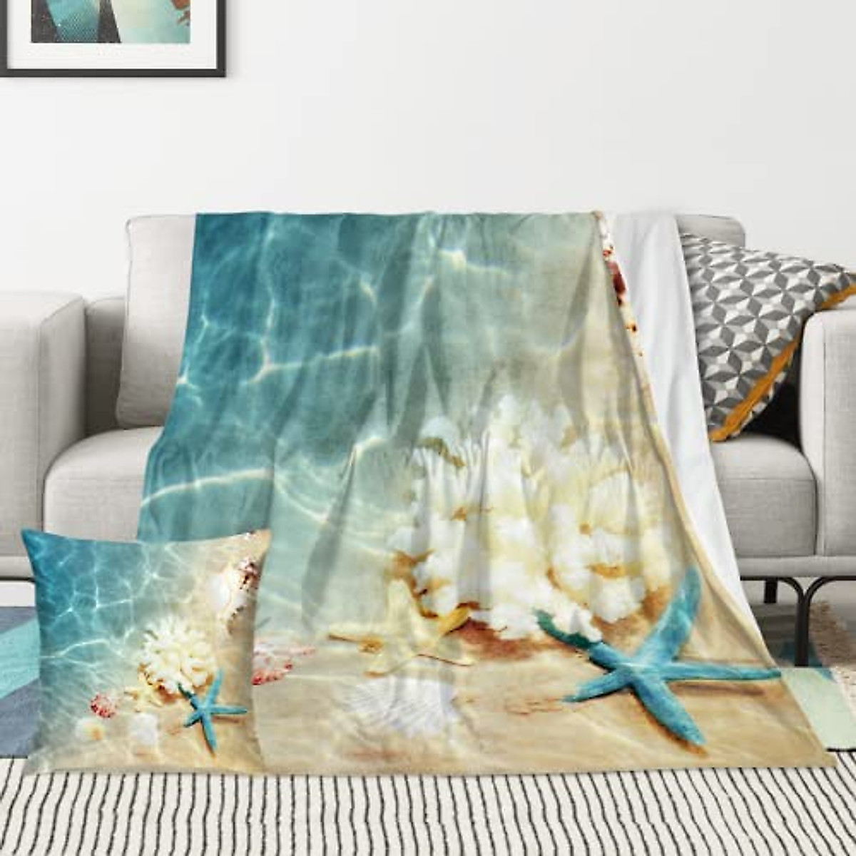 ZFYIPOK Beach Throw Blanket, Ocean Beach Theme Lightweight Throw Blanket, Travel Blanket Cozy Plush Warm Blankets with 18x18 Inch Pillowcase for Bedroom Living Rooms Sofa Beds Office 50x40 Inch