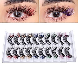 outopen Colored Lashes, False Eyelashes with Color, Fluffy 5D Volume Curly Faux Mink Eyelashes 10 Pairs Cat-Eye Cosplay Makeup Lashes