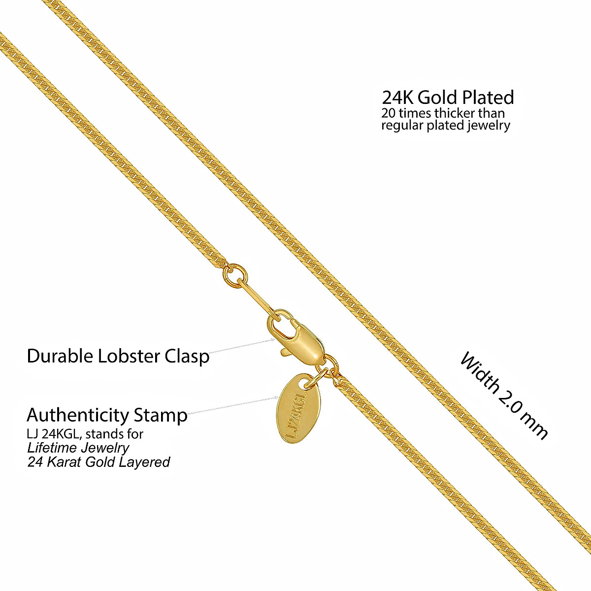 LIFETIME JEWELRY Crushed Herringbone Chain Necklaces for Women and Men 24k Gold Plated (20 inches, 2mm, Gold)