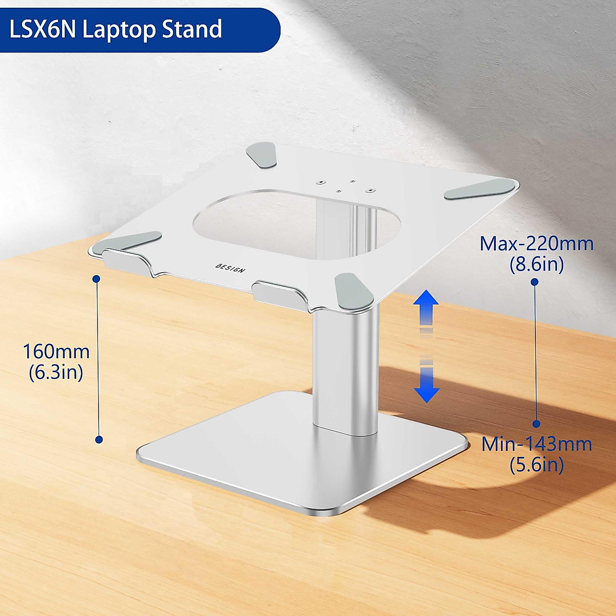 BESIGN LSX6N Laptop Stand, Ergonomic Adjustable Notebook Riser Holder, Computer Stand Compatible with Air, Pro, Dell, HP, Lenovo More 10-15.6" Laptops, Silver