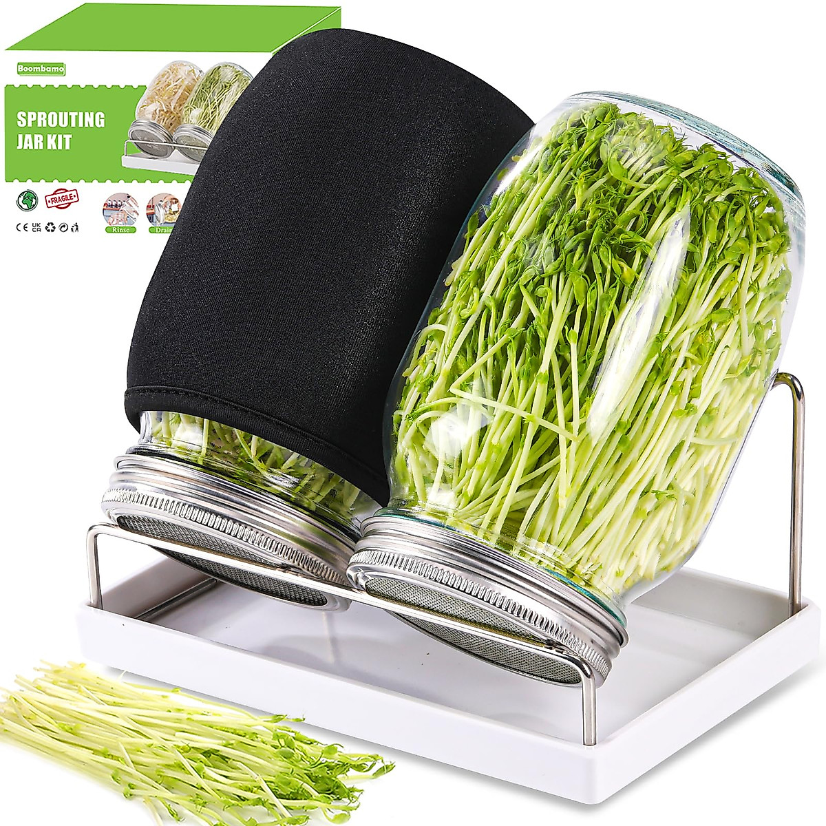 Sprouting Jar Kit 2Pcs Large Wide Mouth Mason Jars With Screen Sprout Lid,Sprouting Jar Stand,Tray,Blackout Sleeves,Brush-Seed Sprouting Kit For Growing Mung beans,Broccoli And So On