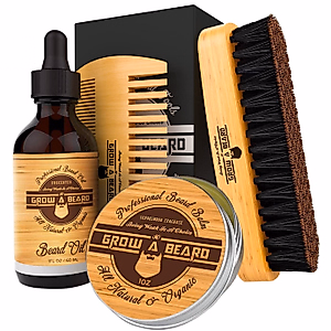 Beard Brush, Beard Comb, Beard Oil, & Beard Balm Grooming Kit for Men's Care, Travel Bamboo Facial Hair Set for Growth, Styling, Shine & Softness, Great Gifts for Him