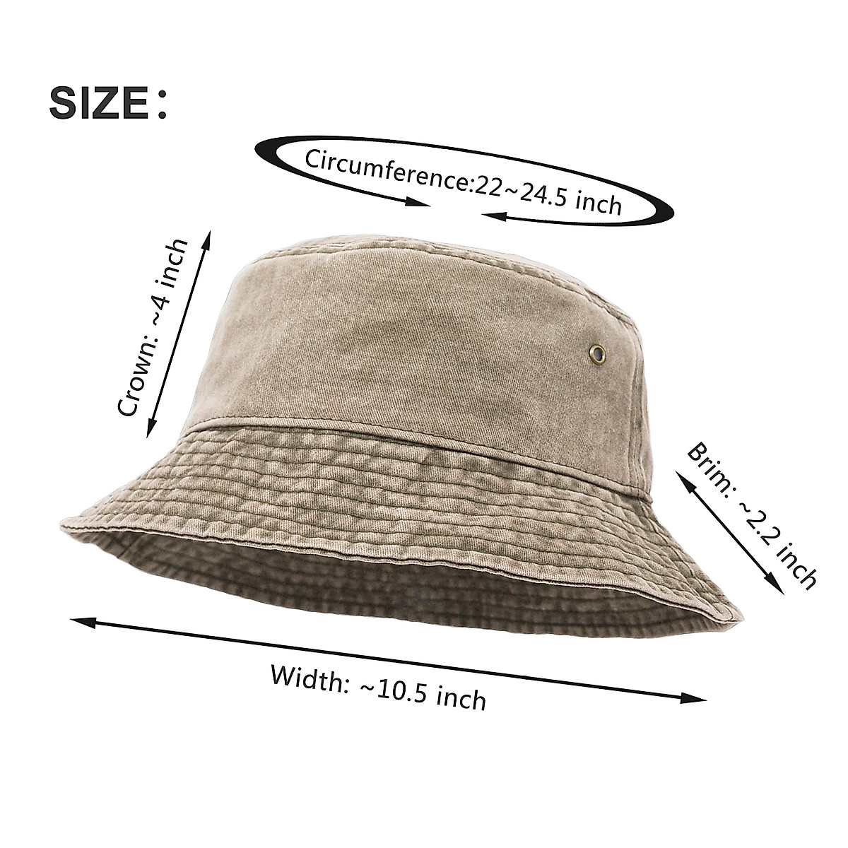 Bucket Hat, Wide Brim Washed Denim Cotton Outdoor Sun Hat Flat Top Cap for Fishing Hiking Beach Sports Khaki