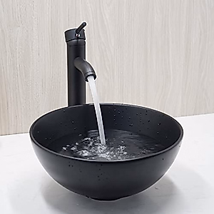 MEKKHALA 13 Inch Bathroom Ceramic Vessel Sink Round Matte Black Above Counter Wash Basin Bowl Combo With Black Mixer Faucet And Waste Drain Set