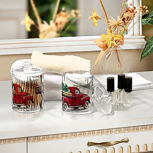 Gredecor Christmas Winter Qtip Holder Dispenser 2 Pack Red Xmas Tree Truck Winter Snowflake Dog Bathroom Decorative Storage Canister Holder Counter Vanity Organizer for Cotton Ball Swabs Pads Floss