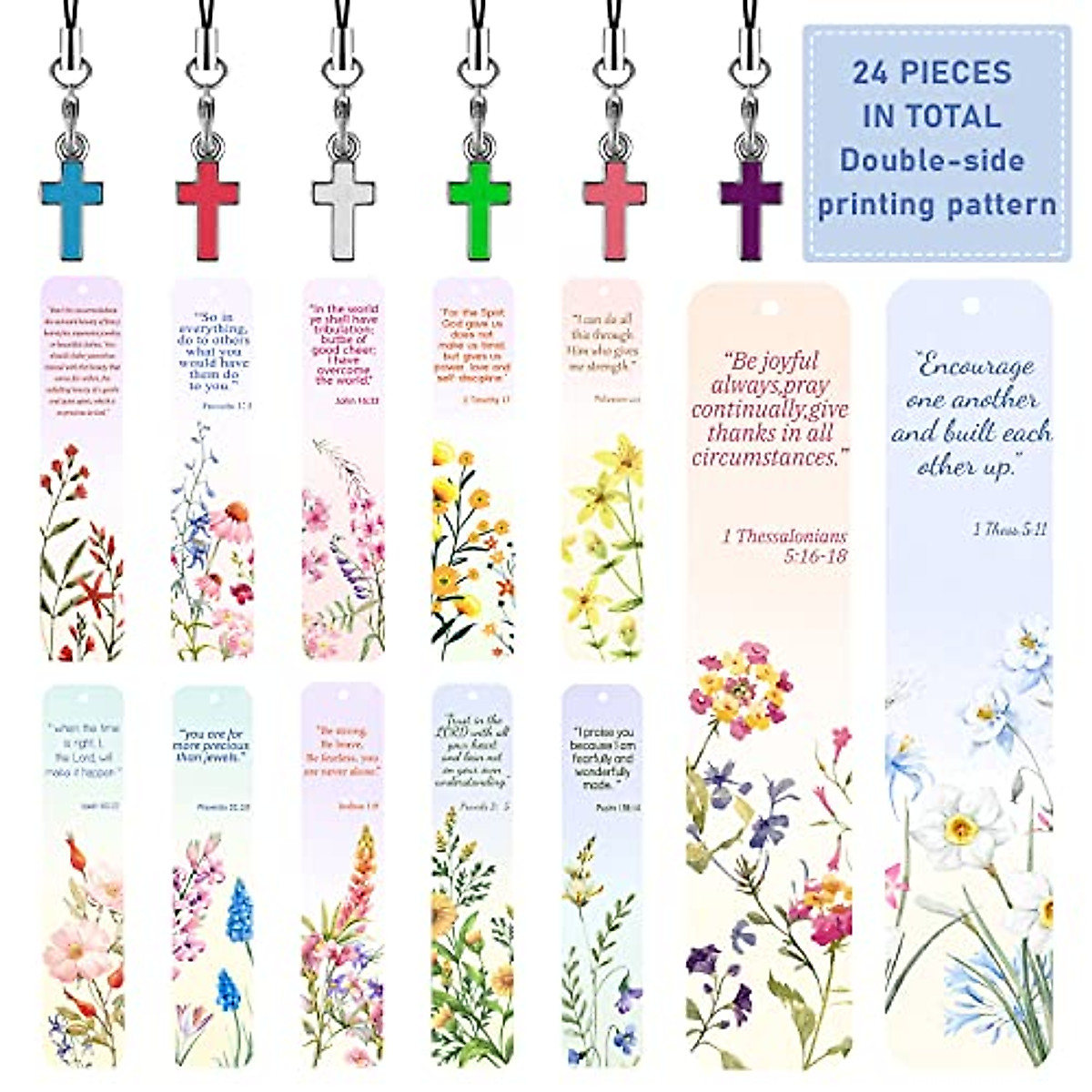 24 Pieces Christian Bookmarks for Women Flower Bible Verse Book Marks Floral Religious Bookmarks Christian Gift with 24 Pcs Cross Pendants for Reading Reward, Church Decoration (Flower Style)