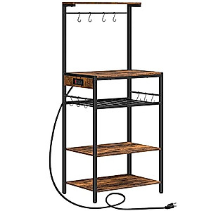 HOOBRO Bakers Rack with Power Outlet, 4-Tier Microwave Stand with Adjustable Wine Rack, Coffee Bar with 10 S-Shaped Hooks, for Kitchen, Living Room, Dinning Room, Rustic Brown BF60UHB01