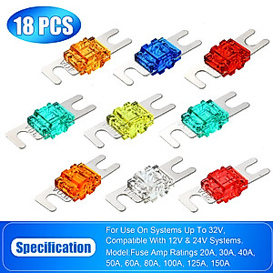 Frienda 18 Pcs Mini ANL Fuse Plated Pack Car Audio Fuses Holder kit for Automotive Marine Audio Video Electronic System(20A, 30A, 40A, 50A, 60A, 80A, 100A, 125A, 150A)
