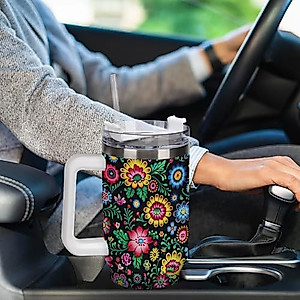 Polish Folk Art Floral Pattern 40OZ Tumbler Stainless Steel Travel Mug Water Bottle Car Cup Tea Cups with Lid White-style