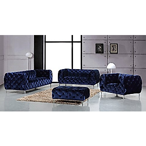 Meridian Furniture Mercer Collection Modern | Contemporary Low Back, Velvet Upholstered Sofa with Deep Button Tufting, and Custom Chrome Legs, Navy, 91" W x 35" D x 28.5" H