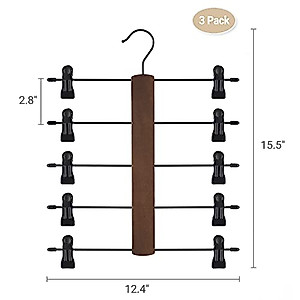 Mkono 3 Pack Pants Hangers Space Saving 5 Tier Skirt Hanger with Adjustable Clips, Wood Rubber Coated Clips Clothes Hanger for Shorts Trouser Jeans Organize 360 Swivel Multiple Closet Storage Hanger