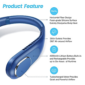 LEXSO Portable USB Neck Fan, Hanging Personal Fan Bladeless Neck Cooler, 4000 mAh Battery Operated Wearable Rechargeable USB Fan,Quiet Wearable Headphone Neck Air Conditioner 3 Speeds-Blue