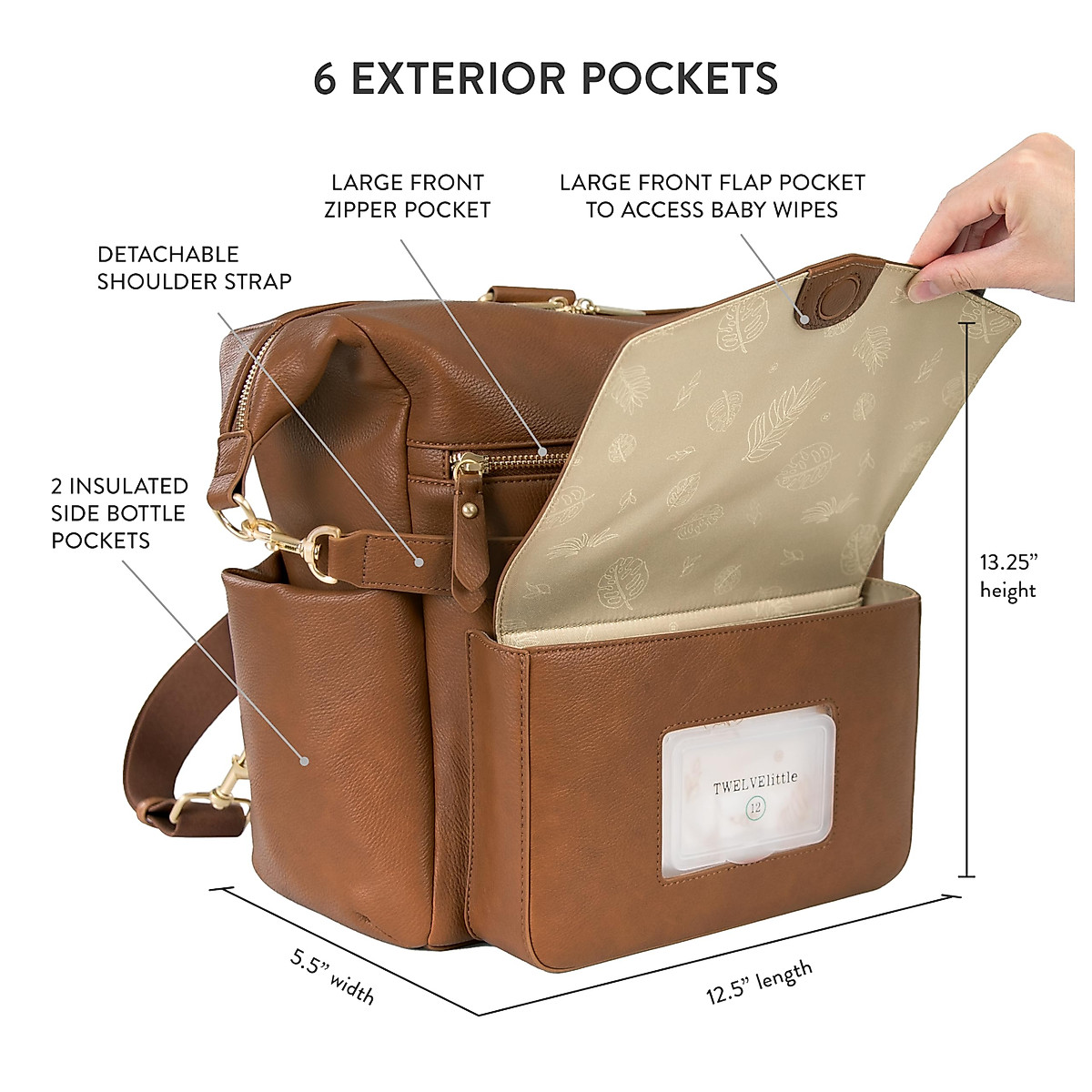 TWELVElittle Peek A Boo Convertible Hobo Diaperbag Backpack with Changing Pad, Wipes Case and Stroller Clips, Vegan Leather- Toffee