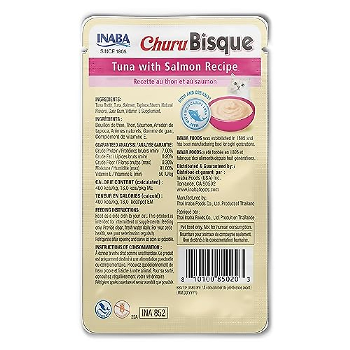 INABA Churu Bisque Lickable Treats for Cats, Creamy Purée Bisque with Vitamin E, 1.4 Ounces per Pouch, 16.8 Ounces Total (12 Servings), Tuna with Salmon Recipe