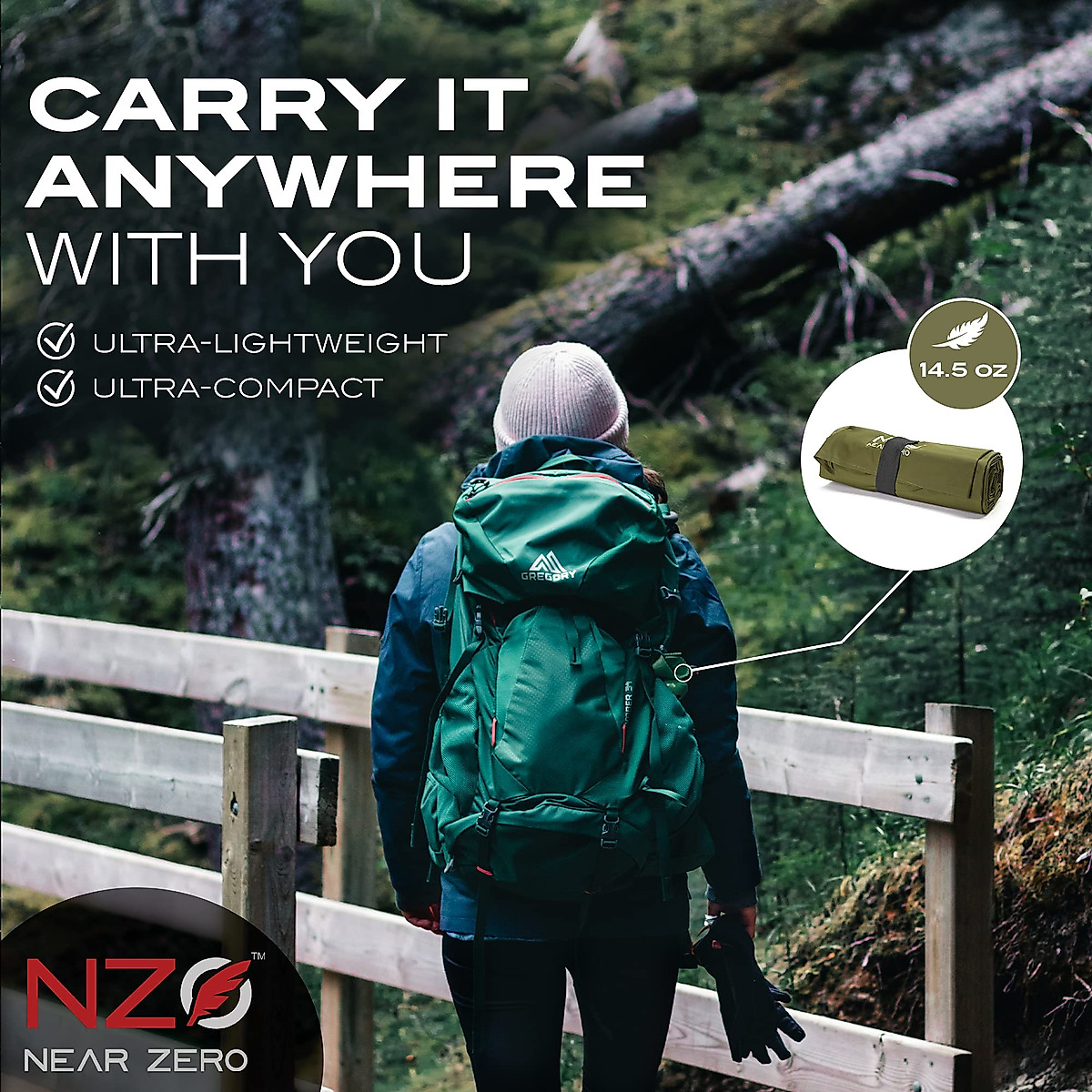 NEAR ZERO - Inflatable Sleeping Pad, Ultralight Camping Mattress, Portable Sleeping Pad for Camping, Hiking, Beach, Backpacking Trip and More, 14.5 oz, Green