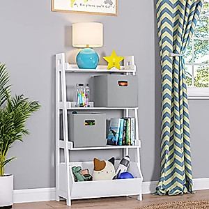 RiverRidge Kids 4-Tier Ladder Shelf Bookcase with Toy Organizer Bin 2 Gray Fabric Folding Bins and Spacious Open Shelves Display Stand for Books Toys & Games