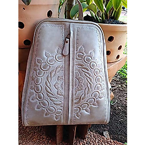 Santiago Sebastian Leathers Ladies Backpack Purse for Women, Genuine Leather, Hand tooled handbag, off white color