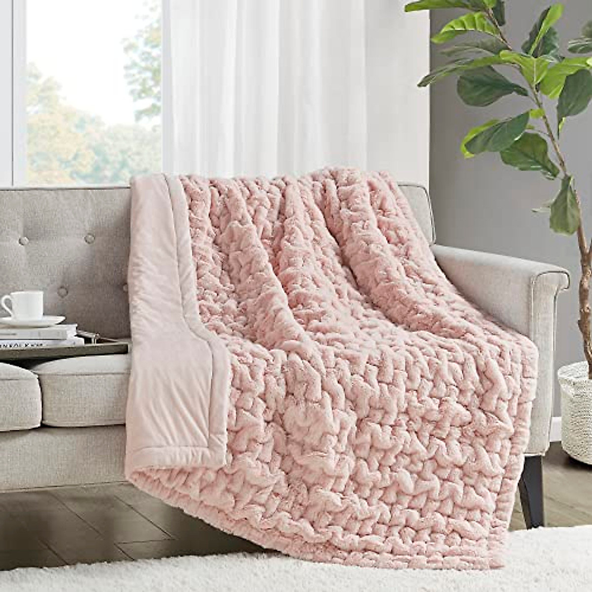 Madison Park Ruched Luxury Throw Premium Soft Cozy Brushed Long Faux Fur For Bed, Couch or Sofa, 50"x60", Blush
