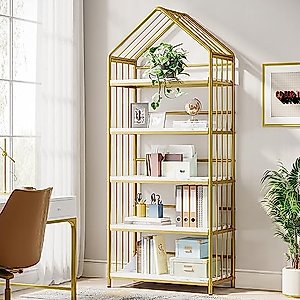 Tribesigns 5-Tier Bookshelf, 75 Inch Arched Faux Marble Bookcase Book Shelf, Modern Bookshelves Plant Stand Rack, Freestanding Display Shelf Organizer Rack for Living Room, Bedroom, White & Gold