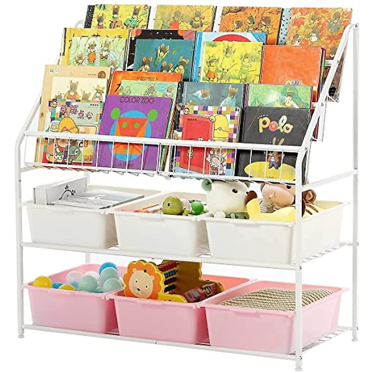 Large Kids Bookshelf With 6 Storage Box,5 Tier Metal Kids Bookcases Children's Toy Storage Rack, 6 Storage Drawer for Books Toys storage, Book Unit Storage Shelf for Playroom, Bedroom, Study Room.