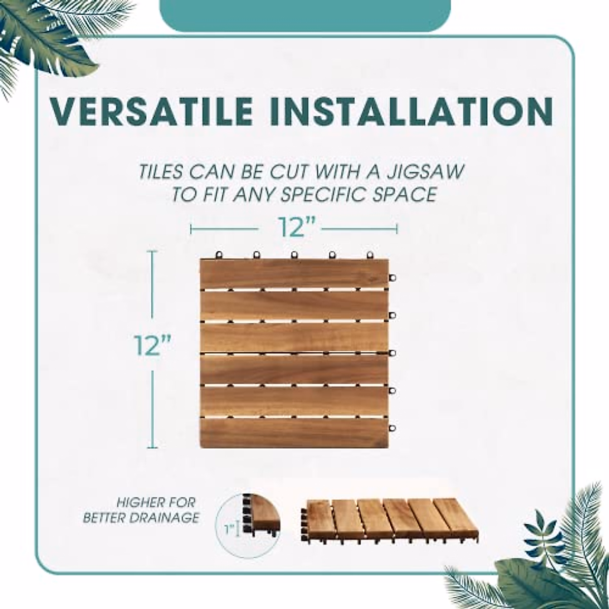 Idzo Pack of 10 Deck Tiles - Waterproof Acacia Wood for Outdoor Flooring, Interlocking Deck Tiles for Both Indoor and Outdoor - 6 Slats, Golden Teak, 12 x 12 x 0.9 inches (SERA)