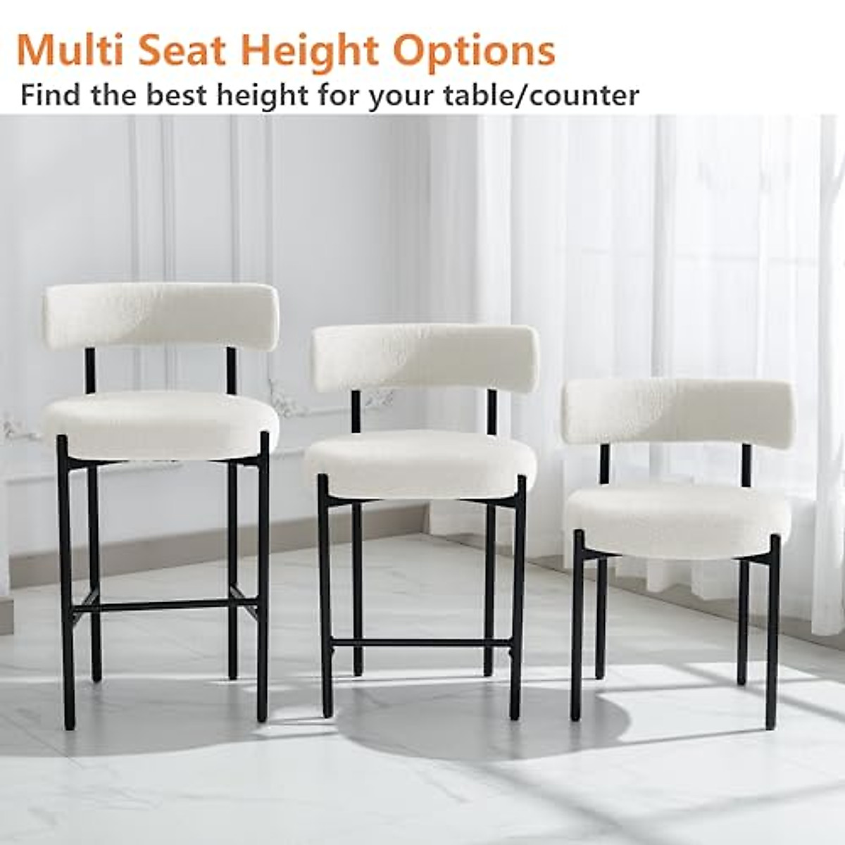 Locus Bono Boucle Dining Chairs Set of 4, Modern Upholstered Dining Room Chairs, Armless Kitchen Chair for Dining Room, Living Room, Black Metal Legs (4 PCS, White)