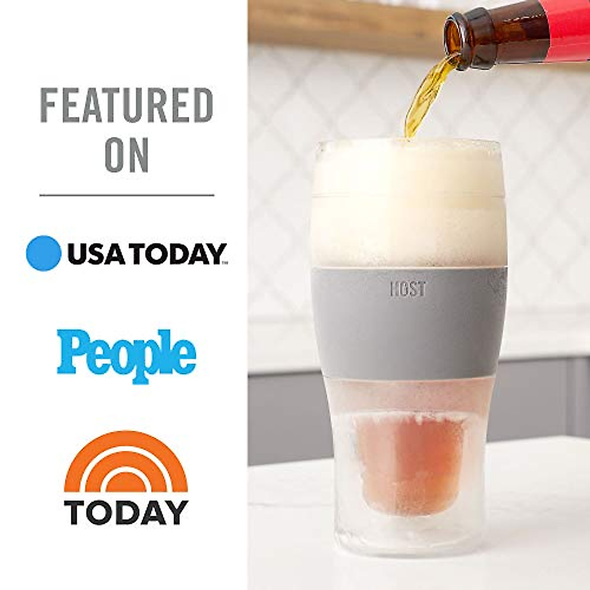 Host Freeze Beer Glasses, 16 ounce Freezer Gel Chiller Double Wall Plastic Frozen Pint Glass, Set of 4, Black and Grey