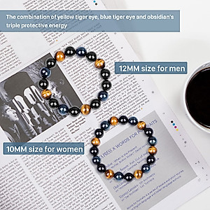 Triple protection bracelet, Tiger Eye Bracelet for Men Women, 12MM Crystal Stone Beaded Black Obsidian Bracelet, Anxiety Relief,increase courage and determination, Healing Energy Bead Bracelet