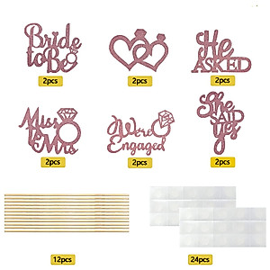Rose Gold Wedding Party Decoration - He Asked - She Said Yes - Mr &Mrs - Bride To Be - We're Engaged and Love - 12 Pcs Glitter Wedding Cake Toppers Centerpiece Sticks Flower or Table Toppers