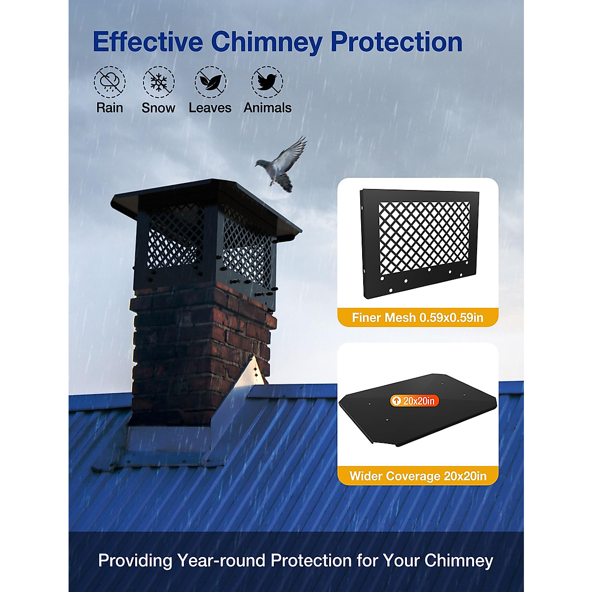 Hahaemall Chimney Cap, 14" x 14" Chimney Cover, Chimney Rain Caps, Fireplace Chimney Caps for Outside Adjustable Bottom to Fit Existing Clay Flue Tile Sizes, Black