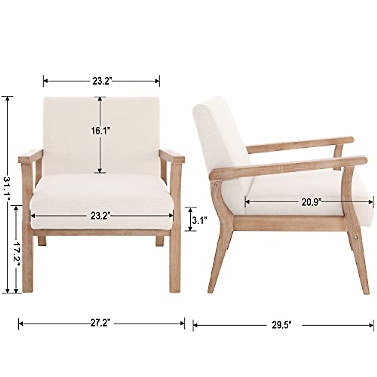 RIVOVA Mid Century Modern Accent Chair, Linen Upholstered Armchair Comfy Living Room Chairs Single Fabric Lounge Chair Reading Chair with Natural Solid Wood Frame, Beige