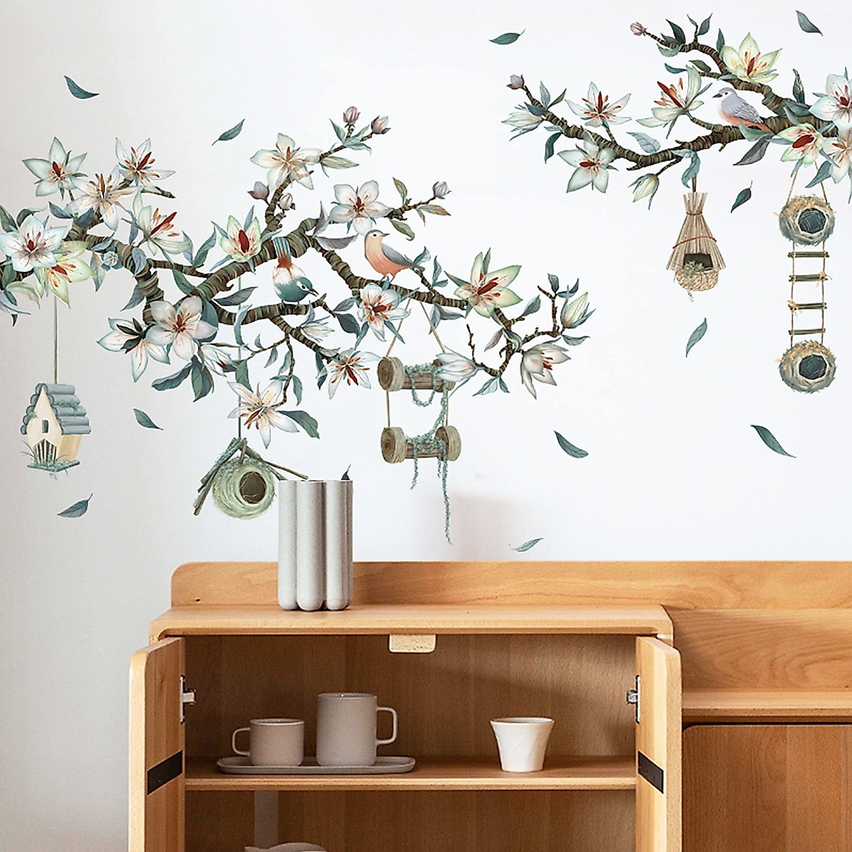 Birds on Magnolia Tree Branches Wall Stickers, ULENDIS DIY Removable White Blossom Flower Wall Decals, Birdcage Murals Wall Decor for Home Bedroom Living Room Corridor Stair