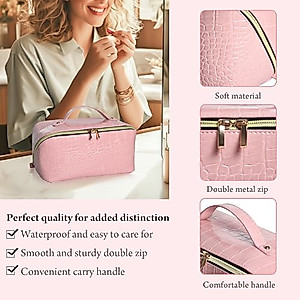 Sanshisi Travel Makeup Bag, Waterproof Leather Portable Cosmetic Travel Bag for Women Large Capacity Cosmetic Organizer Pouch with Compartments and Handle, Pink