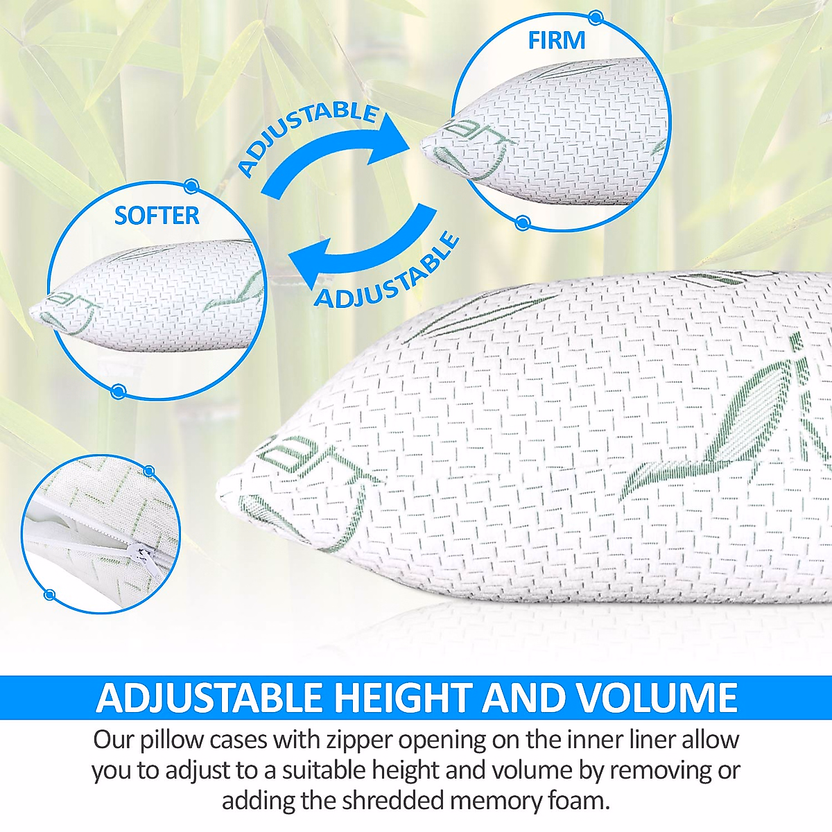 2 Pack King Size Rayon Derived from Bamboo Pillow, Cooling Shredded Memory Foam Bed Pillows Sets for Back, Stomach, Side Sleepers, Adjustable to Soft / Firm, Washable Cover, King (Pack of 2)