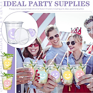 meekoo 100 Pack Preppy Smile Face 12 oz Clear Plastic Cups Bulk Disposable Drink Cups Cute Pastel Smile Face Disposable Preppy Bachelorette Theme Birthday Party Favors Events Picnic Travel