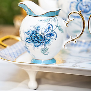 ACMLIFE Tea Serving Tray Set, 21 inches Bone China Tray Tea Tray with Handles, Blue Fine Ceramic Decorative Serving Tray Platter with Golden Rim for Tea Sets, Living Room, Gift (Light Blue)