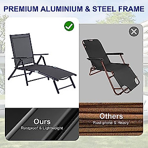 Haquatisol Outdoor Chaise Lounge Chair Set of 2，Reclining Folding Pool Patio Lounger with 8 Level Adjustable Backrest, Aluminum Portable Recliner for Lawn Garden Beach Yard, 330lbs Weight Capacity