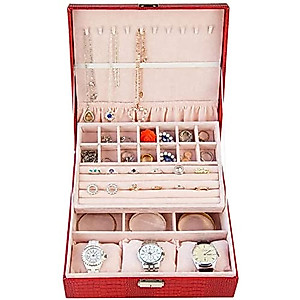 ZZYINH AN207 PU Exquisite Leather Jewlery Box Watch Box with Lock Packaging Jewlery Boxes Earrings Rings Bracelet Display Holder Case Small Jewelry (Color : Red)