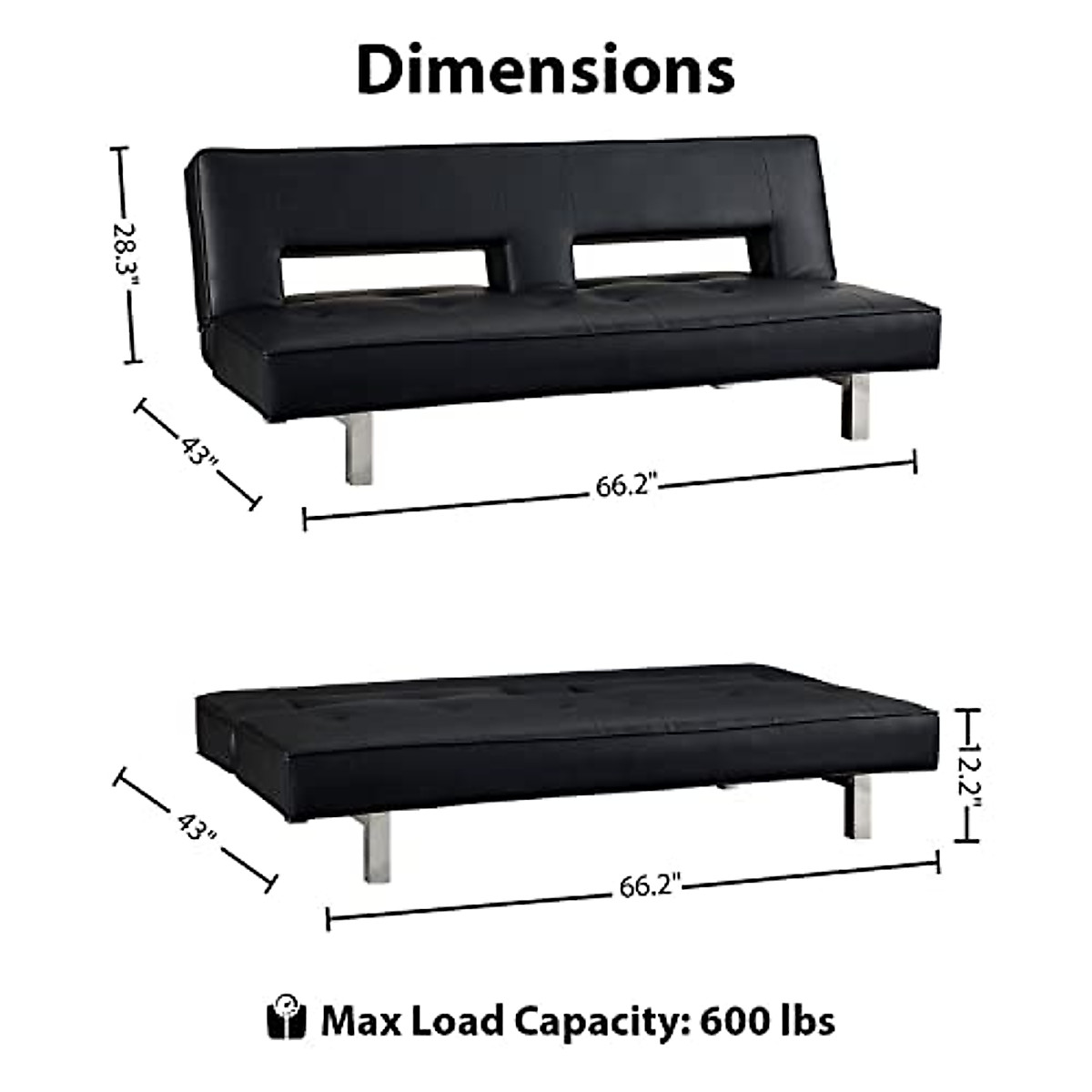 Astrid Futon Sofa Bed Faux Leather Futon Couch Modern Convertible Folding Sofa/Bed Couch with Chrome Legs Reclining Mini Coach Leather Futons Small Couch for Bedroom Living Rooms, Office - Black