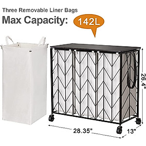 WOWLIVE Laundry Basket with Wheels, 142L Laundry Hamper 3 Section with Lid, Dirty Clothes Hamper with Removable Bags, Large Capacity Iron-Made Laundry Basket Organizer Laundry Sorter for Dorm, Beige