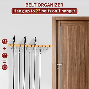 Cuipingoo Belt Hanger for Closet | 2-in-1 Wall Mount Belt Rack | 23 Slots Storage Max 42 Belts w/ 360° Hook | Ratchet Belt Organizer for Closet Accessories, Wardrobe, Door, Wood 1 Pack