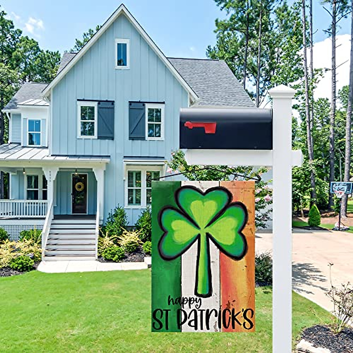 Happy St Patricks Day Garden Flags 12x18 Inch Double Sided Burlap, Green Shamrock Lucky Sign Farmhouse Small Yard Outdoor Decorations DF195